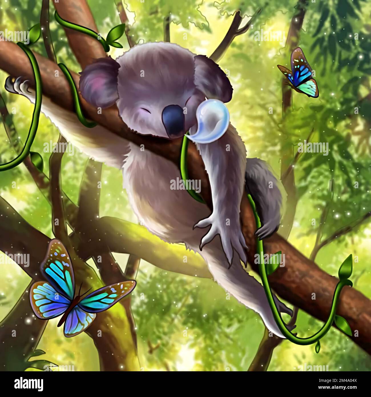 koalas are sleeping on tree branch with butterfly Stock Photo - Alamy