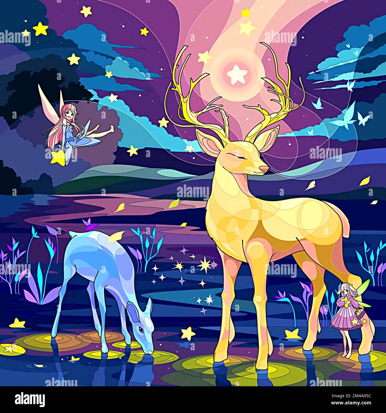 illustration of two deer, fairy on the lake at night Stock Photo - Alamy