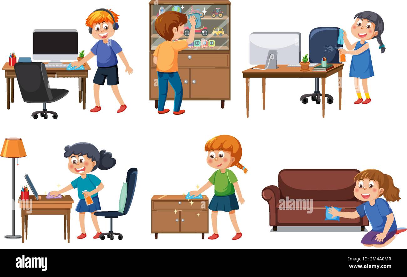 Kids cleaning at home set illustration Stock Vector Image & Art - Alamy