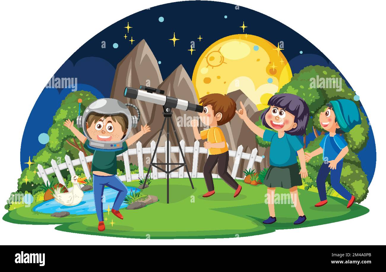 Scene with kids observing night sky illustration Stock Vector Image ...