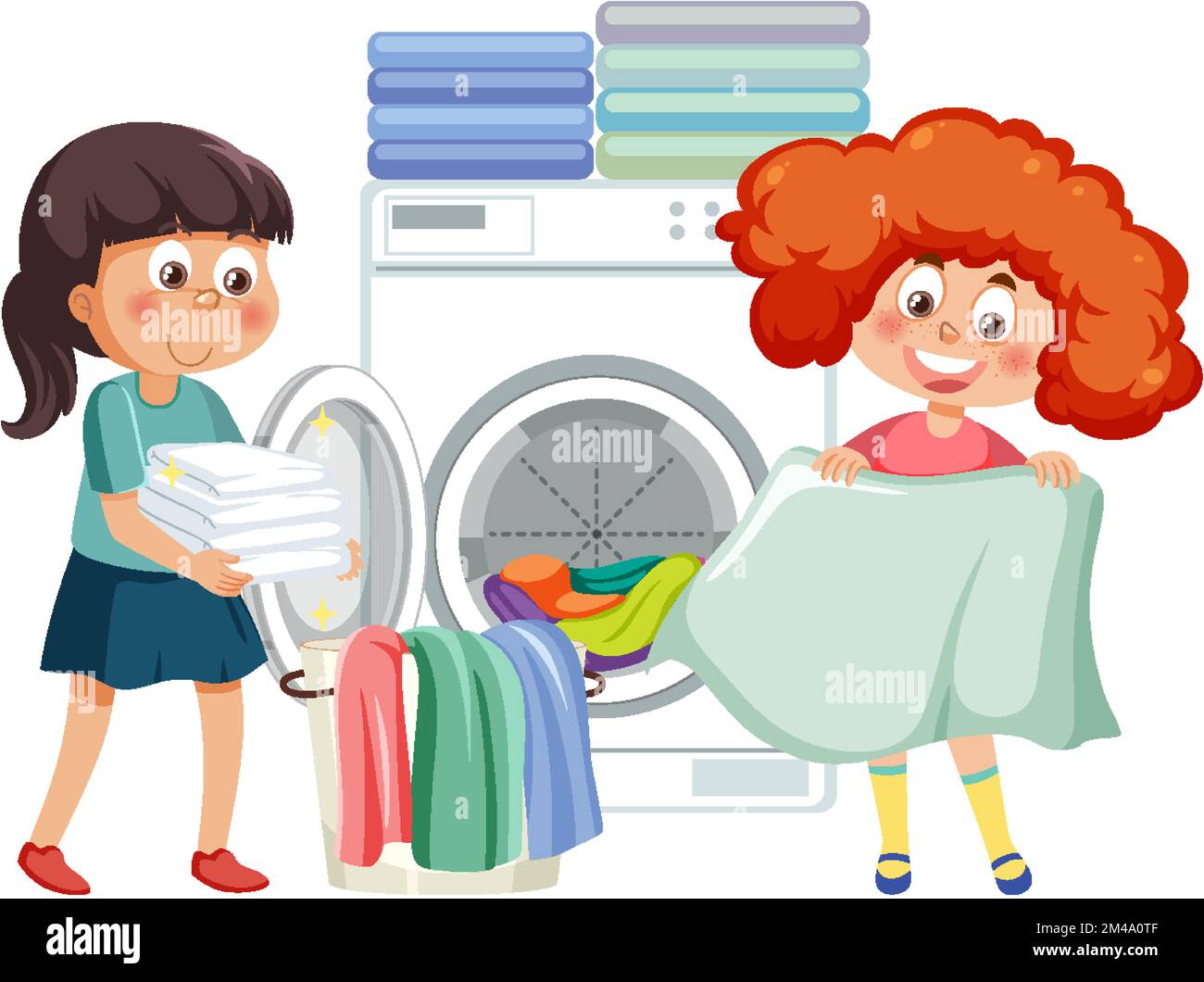 Two kids doing laundry with washing machine illustration Stock Vector ...