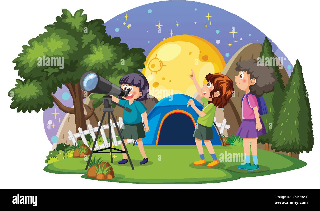 Outdoor scene with kids observing night sky illustration Stock Vector ...