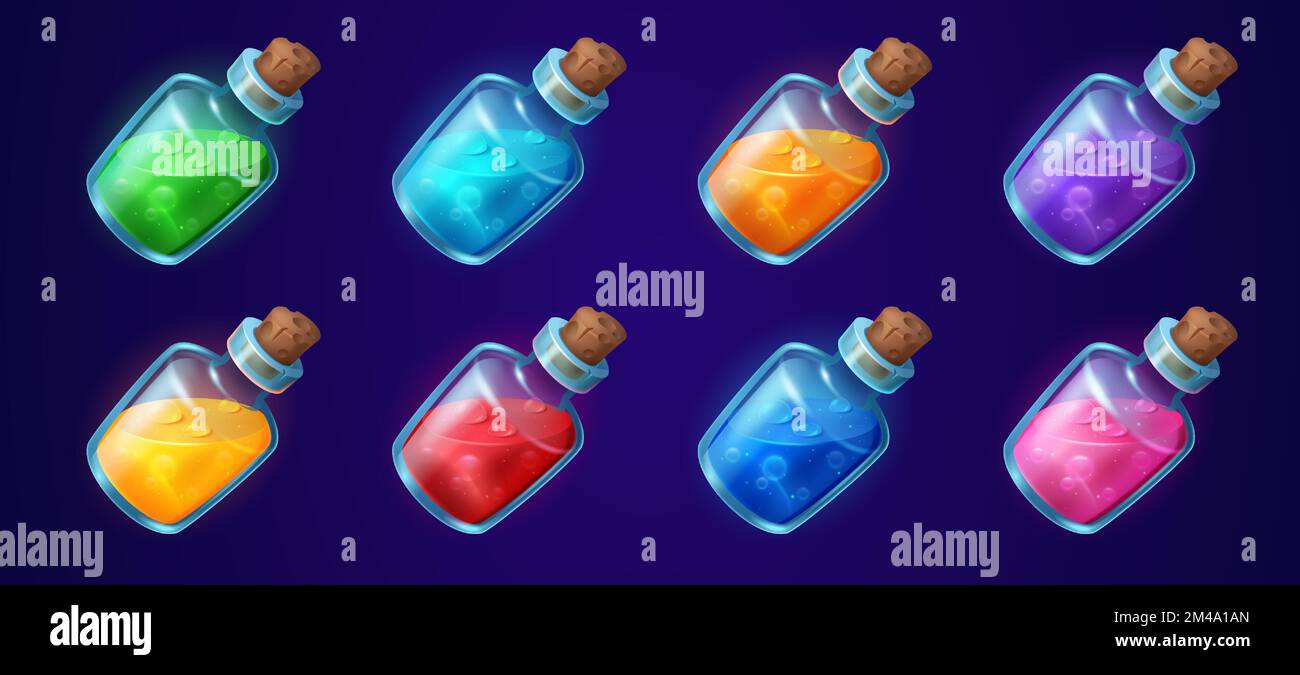 Cartoon set of glass bottles with colorful magic potions isolated on ...