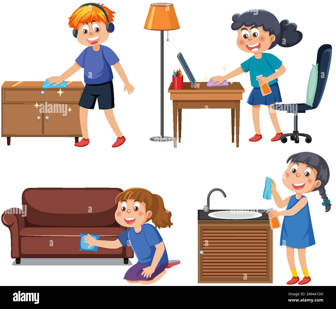 Kids cleaning at home set illustration Stock Vector Image & Art - Alamy
