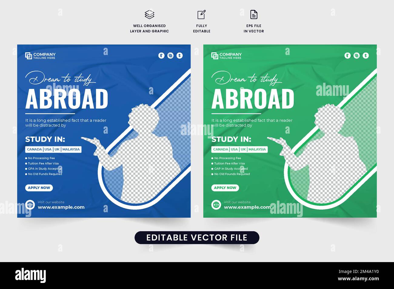 Abroad university education social media post template with blue and ...