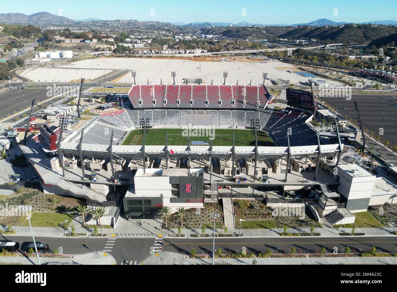 A general overall aerial view of Snapdragon Stadium, Saturday, Dec. 10, 2022, in San Diego ...