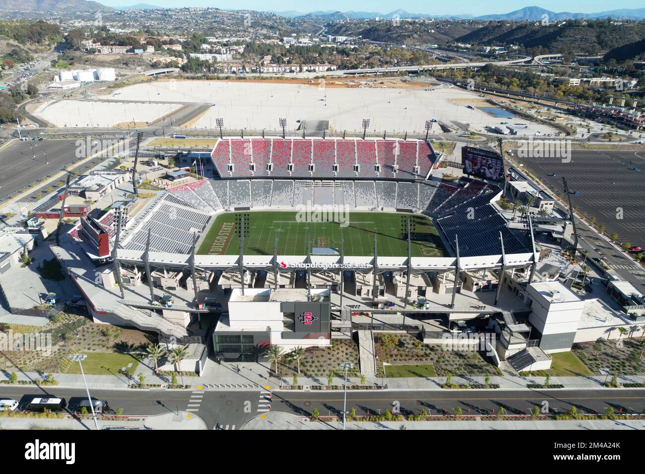 A general overall aerial view of Snapdragon Stadium, Saturday, Dec. 10, 2022, in San Diego ...
