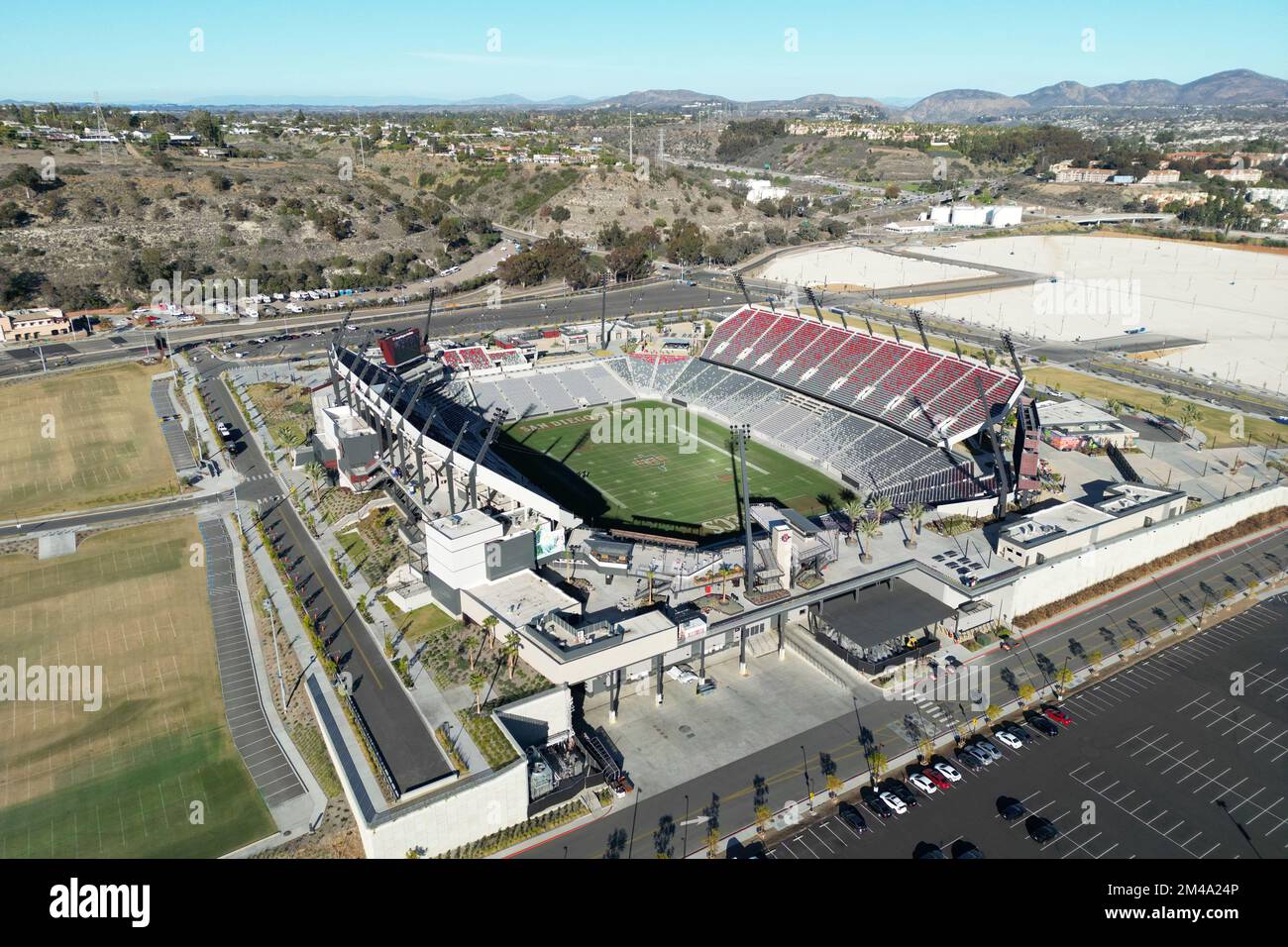 A general overall aerial view of Snapdragon Stadium, Saturday, Dec. 10, 2022, in San Diego ...