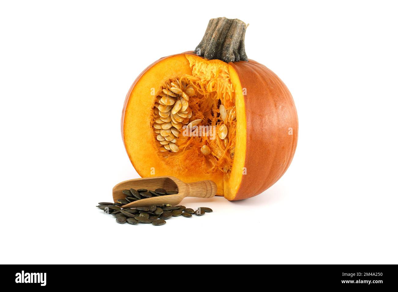 Dried hulled pumpkin seeds or pepitas in wooden scoop and fresh pumpkin ...