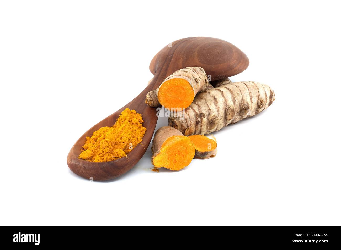 Turmeric powder and fresh turmeric (curcumin) root isolated on white ...