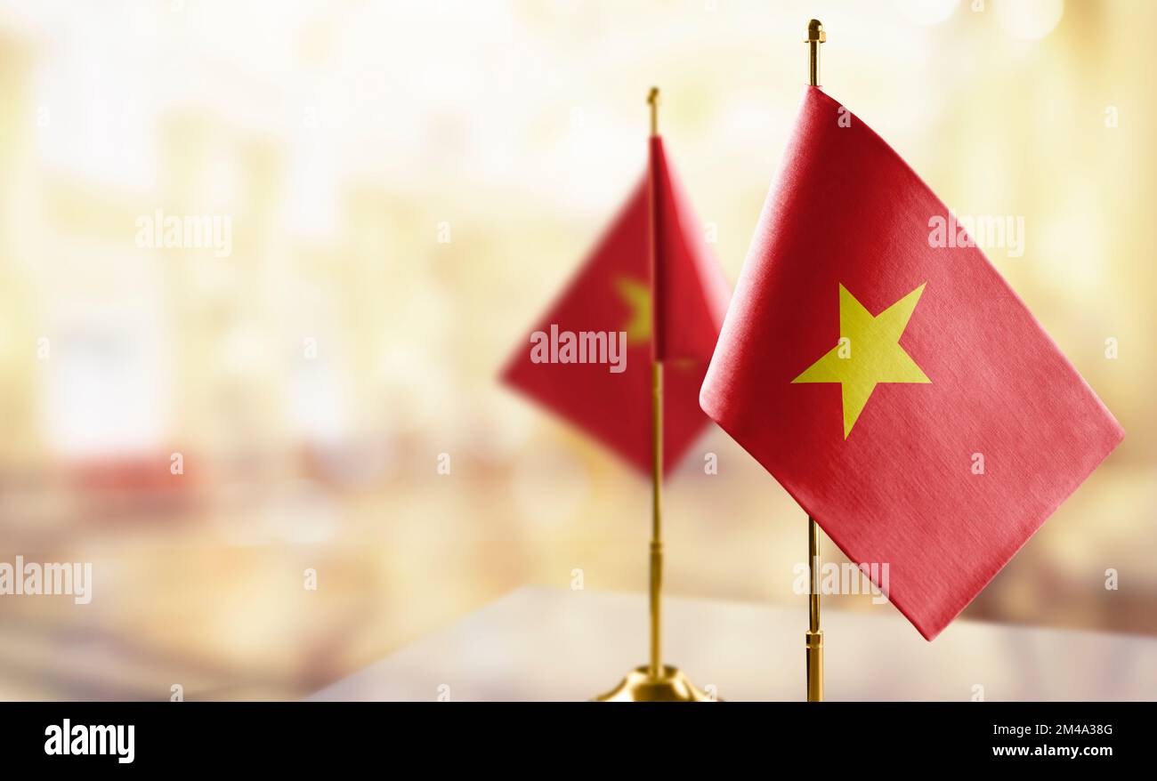 Small flags of the Vietnam on an abstract blurry background Stock Photo ...