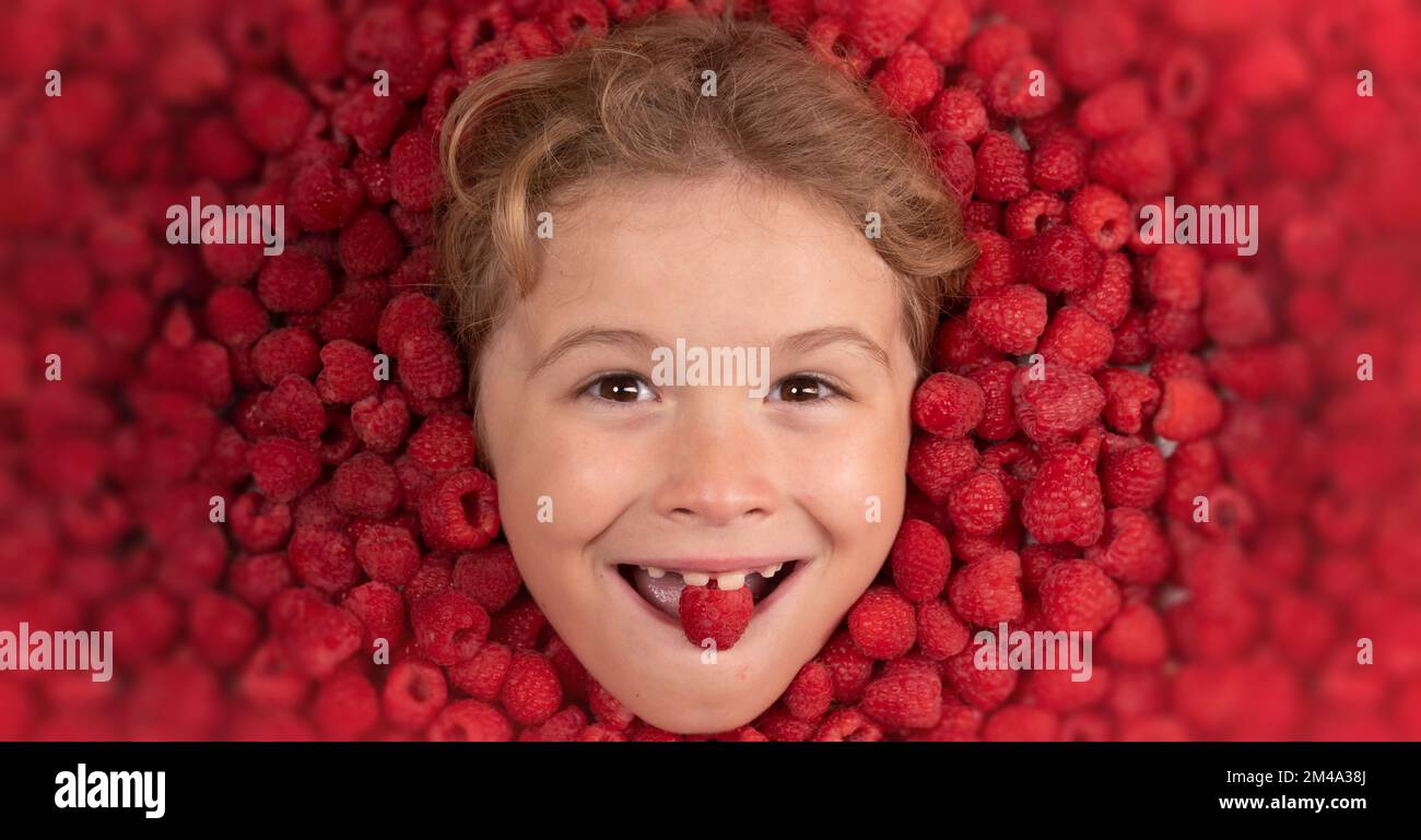 Raspberry isolated. Raspberries child face close up. Top view photo of ...