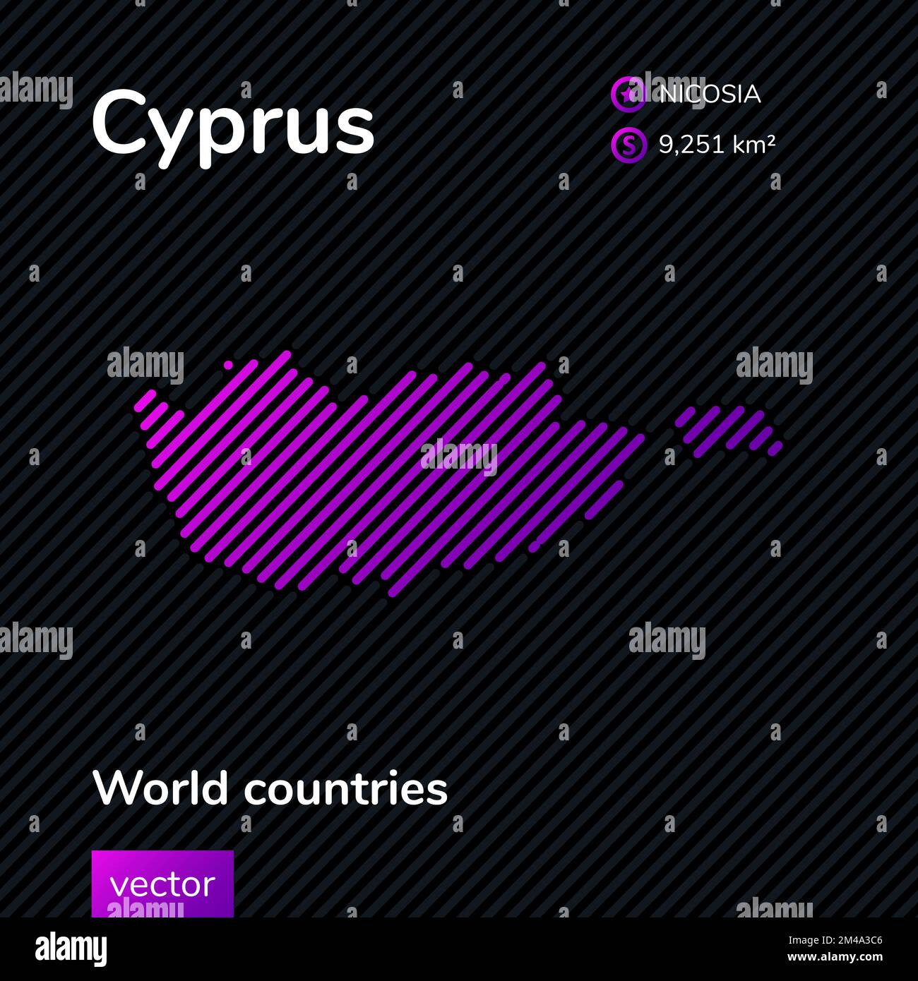 Vector striped Map of Cyprus in violet colors on a black background ...