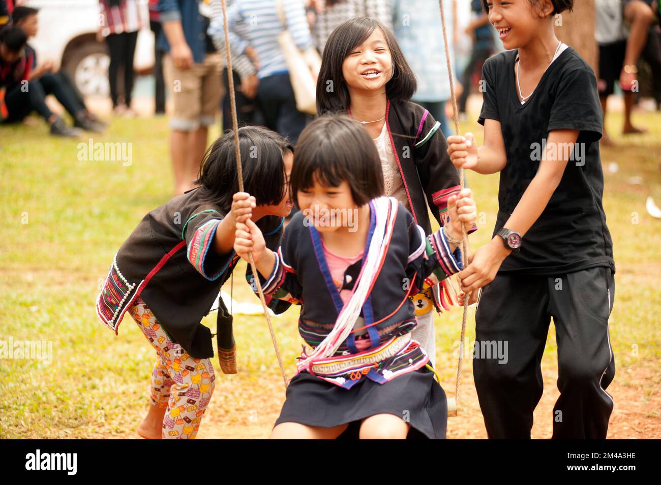 The minority Akha hill tribe swings in the air, the Lo Ching Festival ...