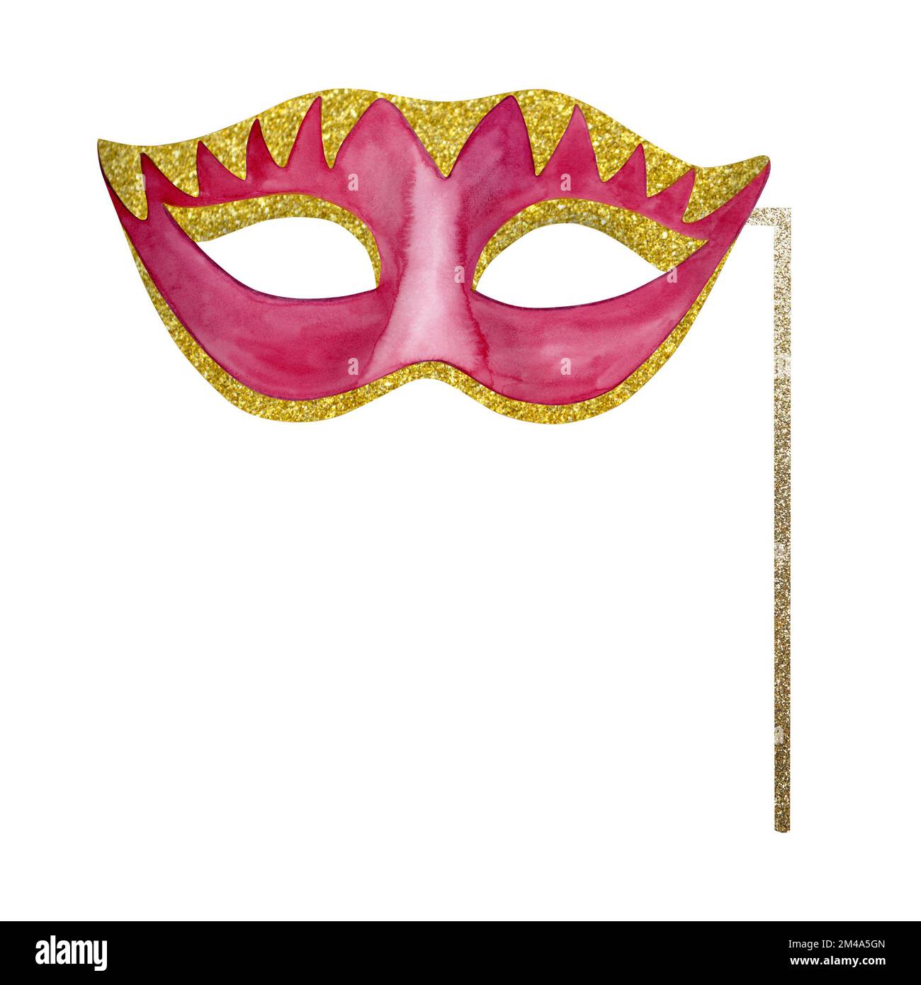 Watercolor red gold Venetian carnival mask on stick. Hand drawn Purim ...