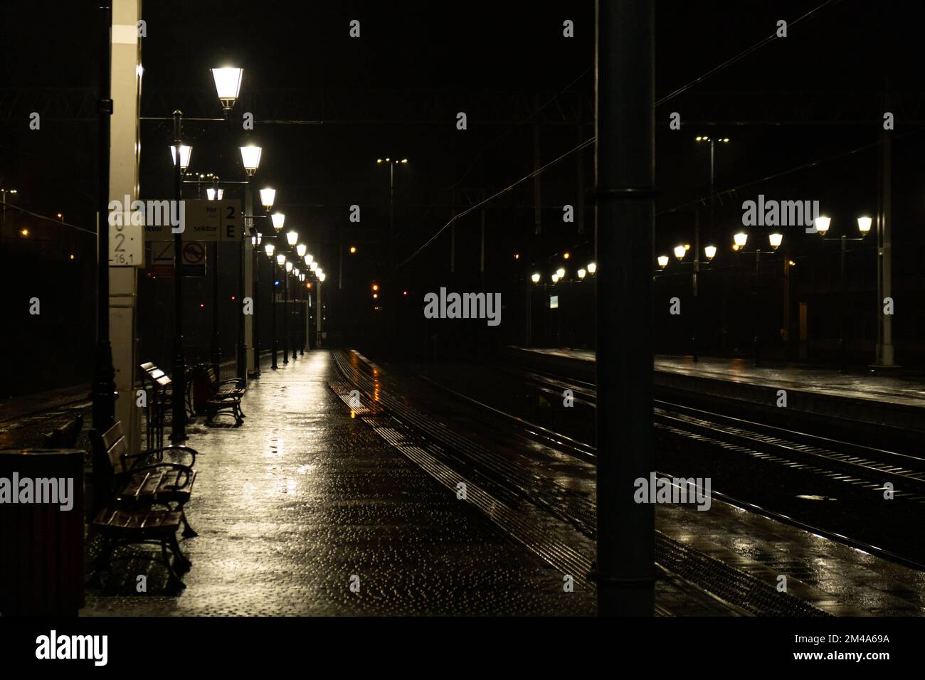 Evening view of the city railway station. Empty railway station after ...