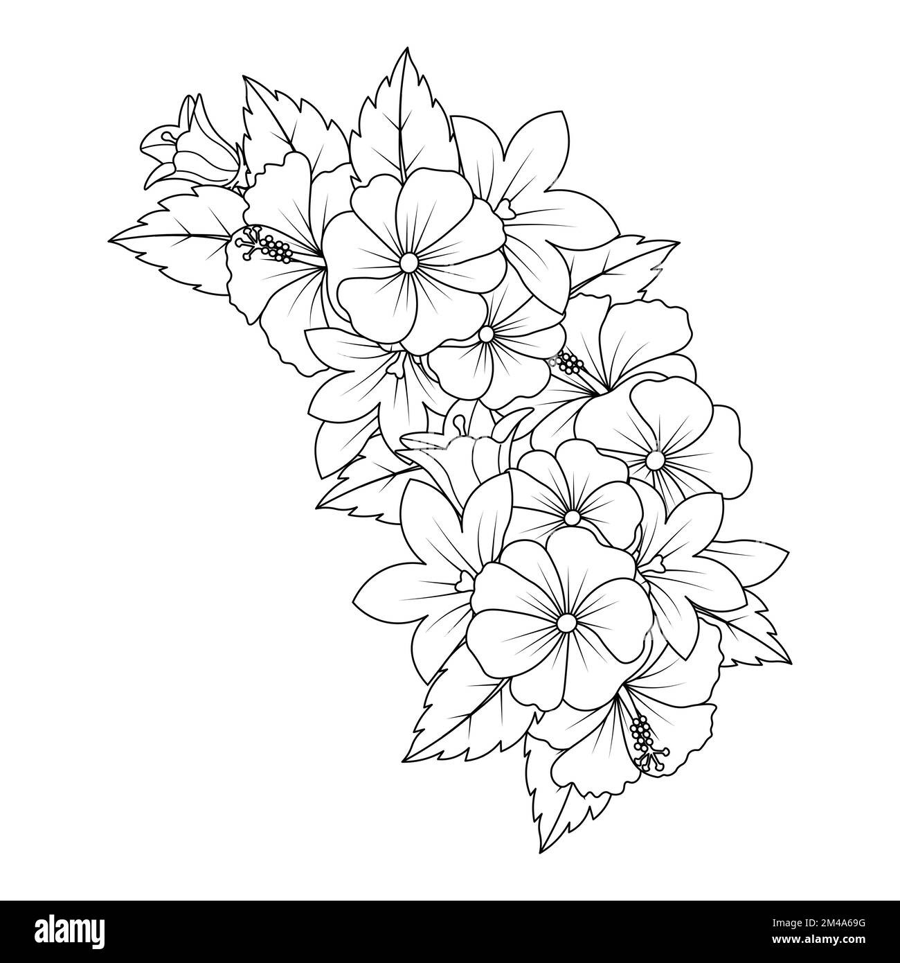hibiscus flower doodle art design of coloring page with detailed line ...