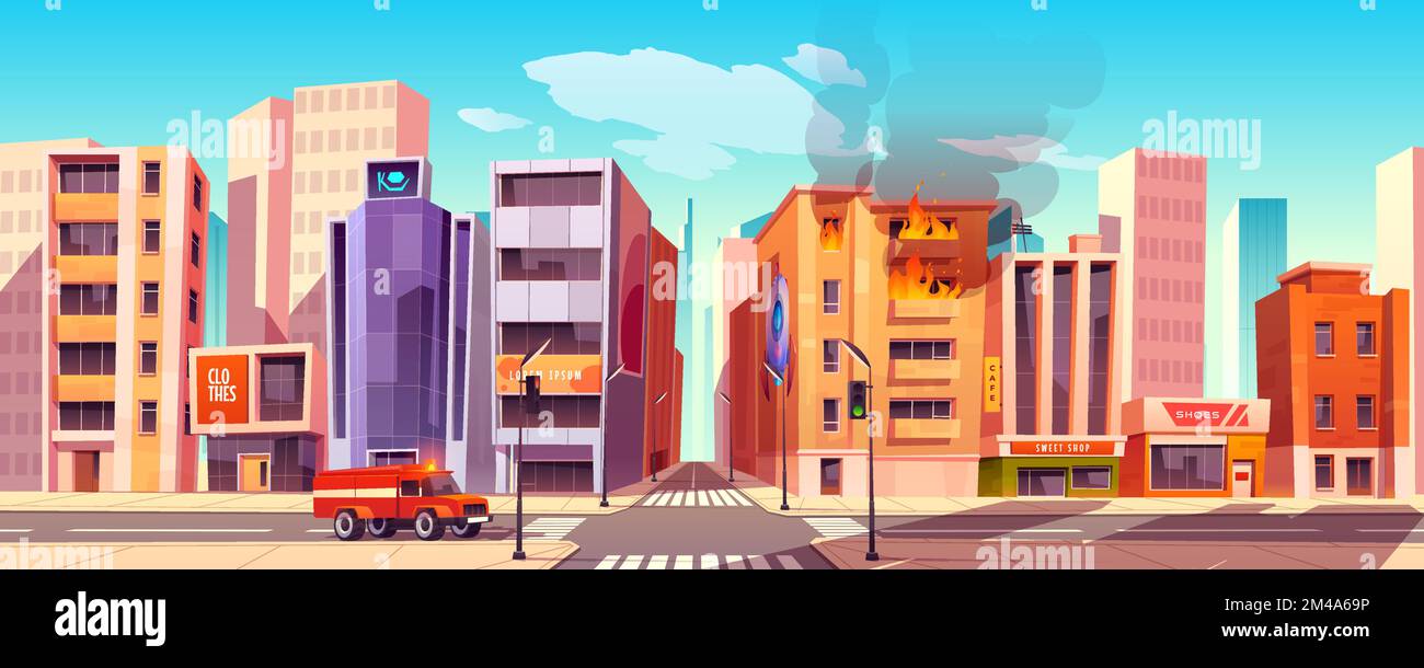 Fire truck riding on city street to burning building with blaze and ...