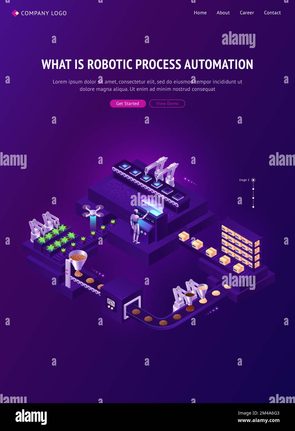 Automation technologies isometric landing page. Robot manage factory ...