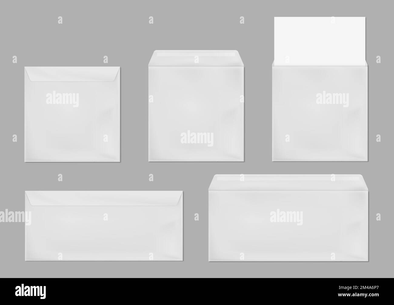 White envelope DL and square template. Vector realistic mockup of blank closed and open ...