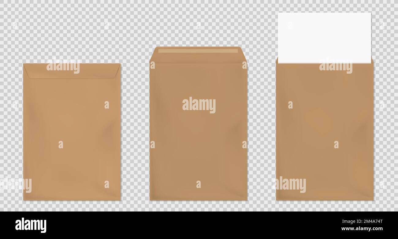 Brown envelopes A4 template set. Blank closed and open craft paper covers, vertical letter ...