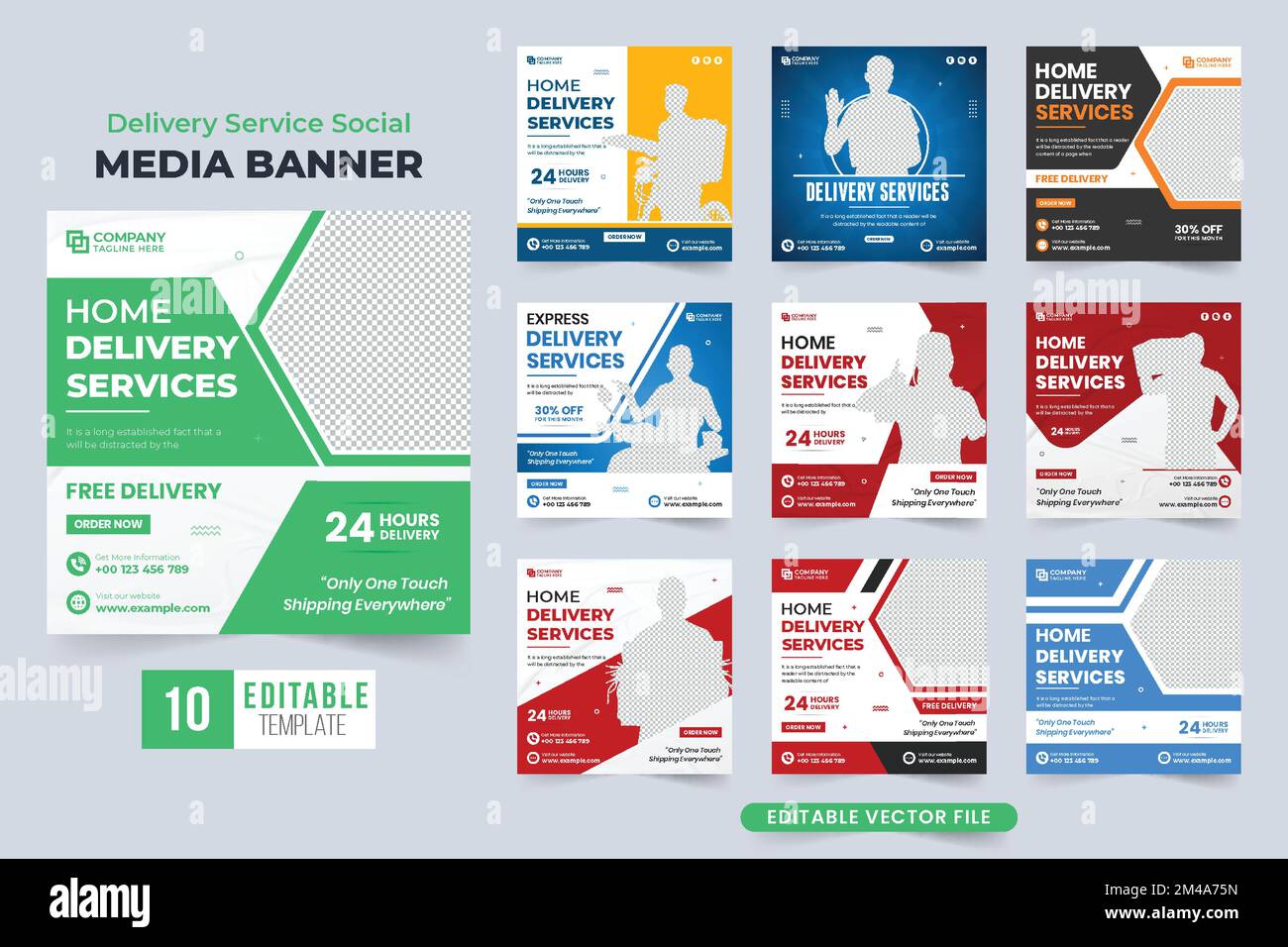 Delivery service social media post set vector with blue and red colors ...