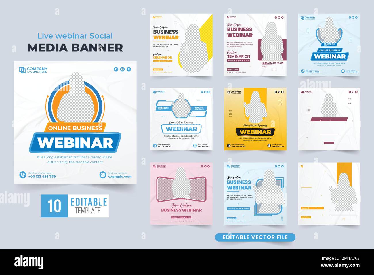 Webinar social media post vector collection with blue and yellow colors ...