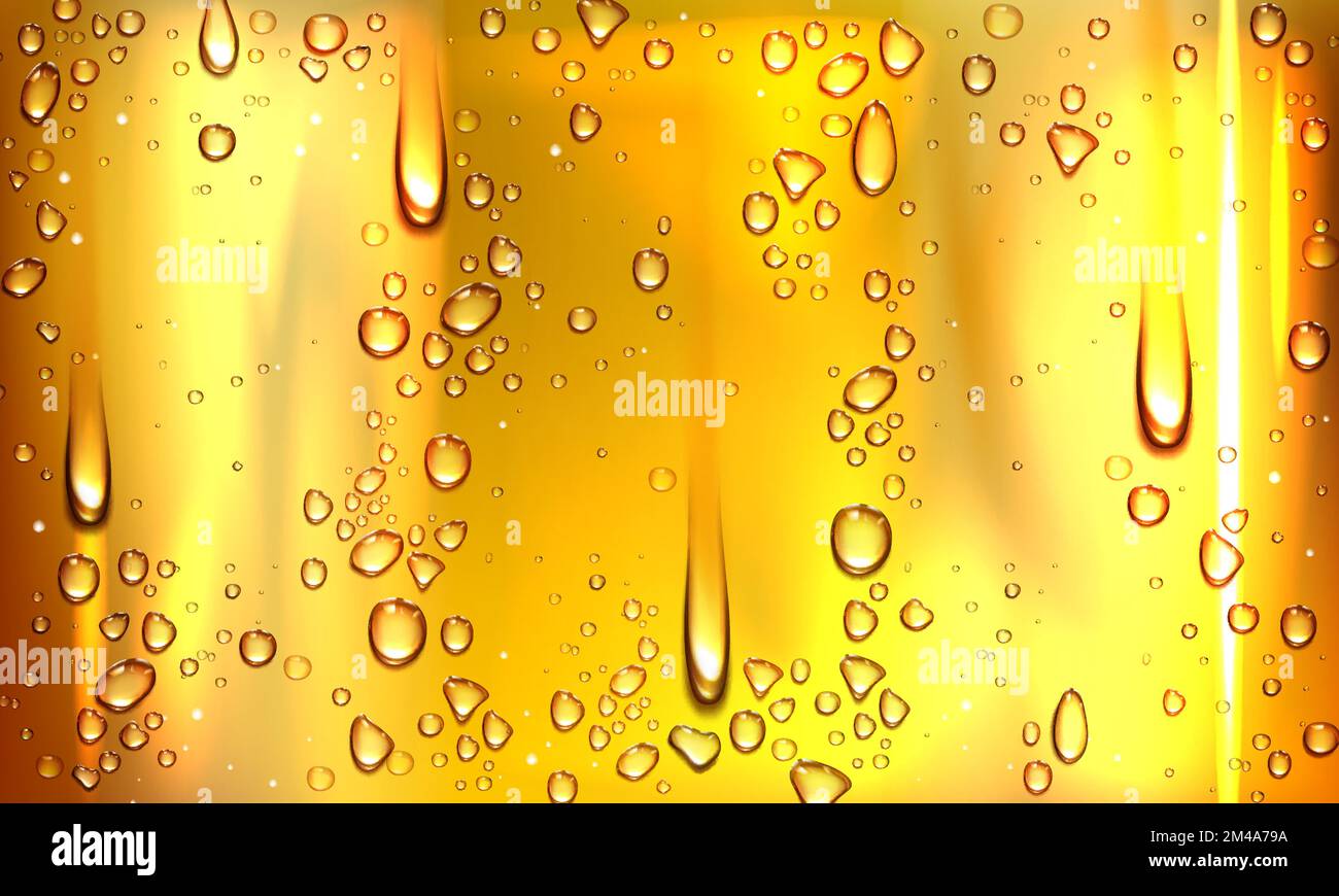Condensation water or beer droplets on glass yellow background. Rain ...