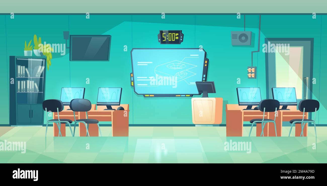 Computer class, empty interior of school, university or college, modern ...