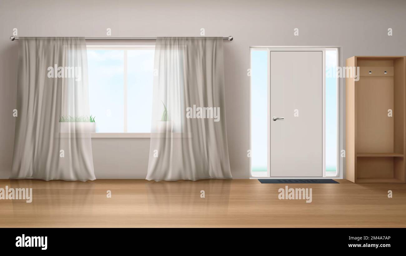 Home hallway with entrance door, window with white silk curtains and ...
