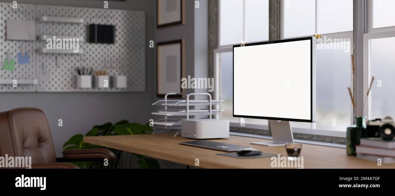 side view, Modern urban office desk with blank screen of computer ...