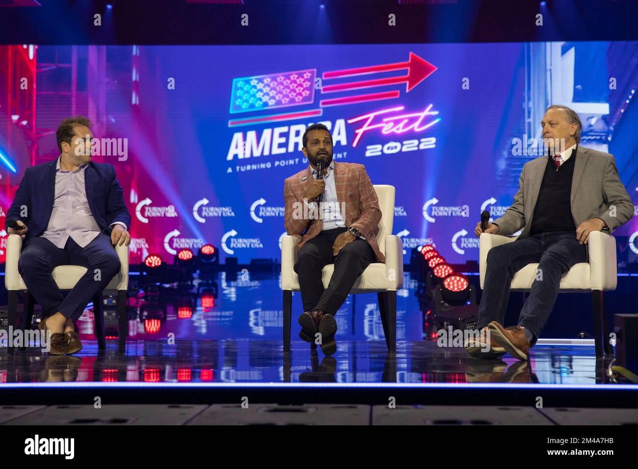 A panel with (L-R) Darren Beattie, Kash Patel, and Andy Biggs ...