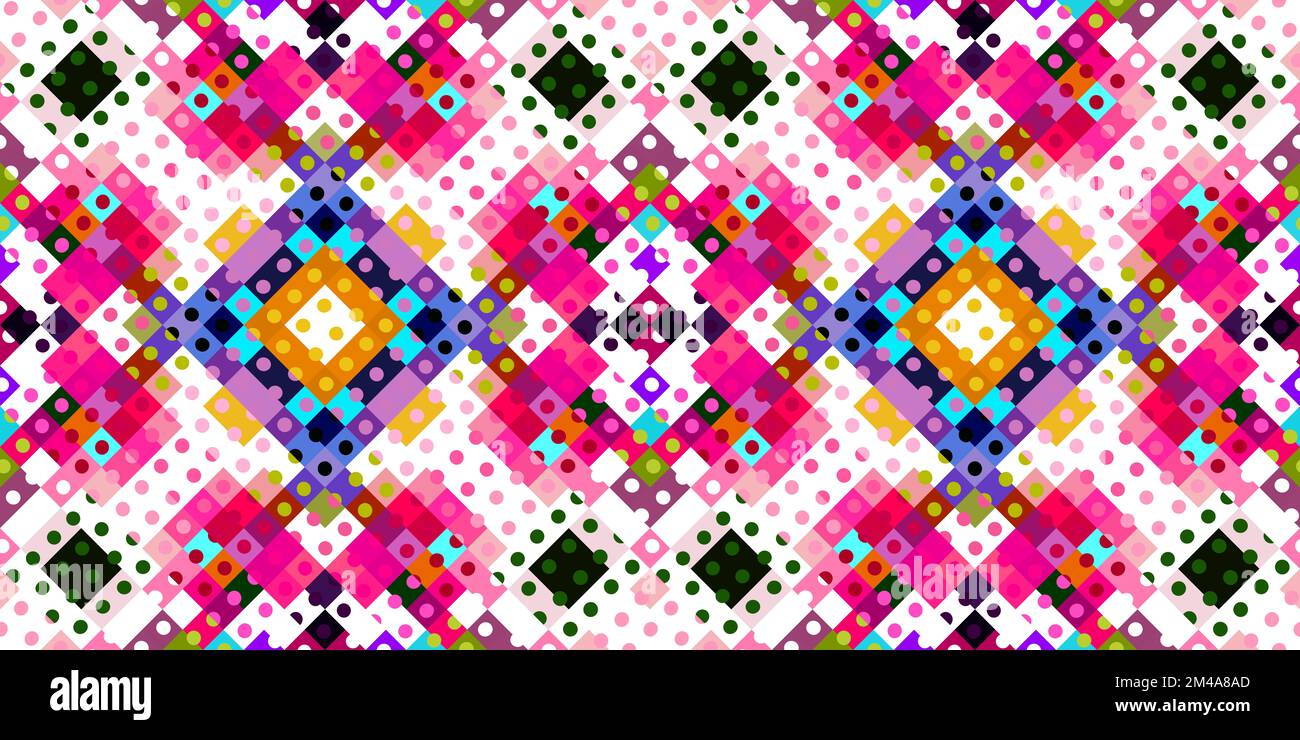Whimsical geometric pixel pattern. Playful fun kaleidoscopic pink ...