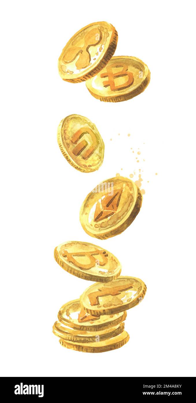 Falling crypto coins, bitcoins, falling money. Jackpot or success ...