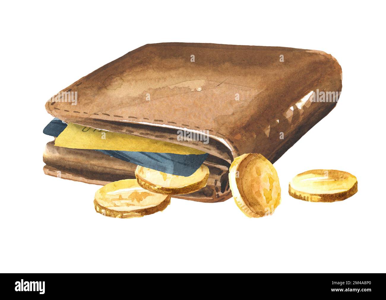 Wallet with bank cards and money coins. Hand drawn watercolor ...
