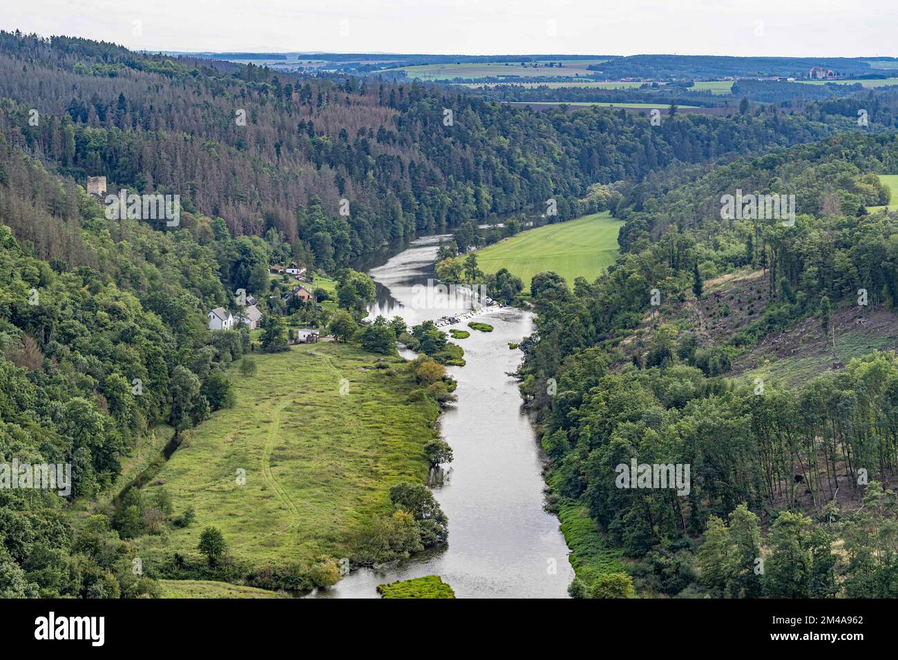 An aerial view of the Berounka river in the greenery of Havlova Skala ...
