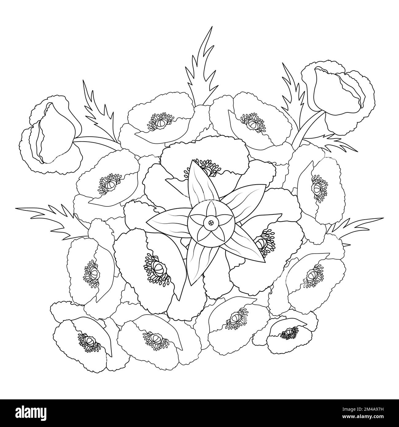 poppy flower doodle art design of coloring page with detailed line art ...