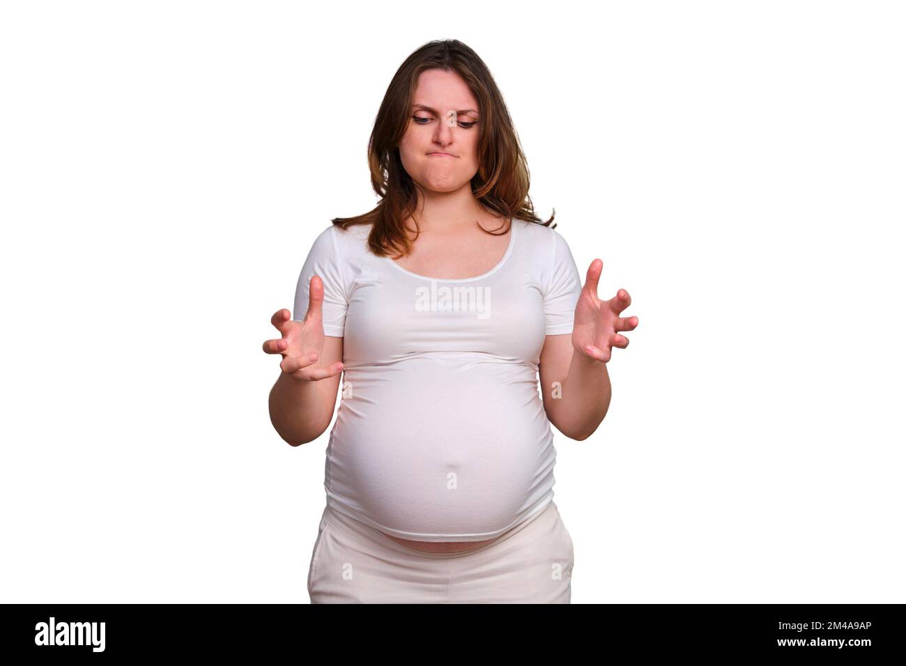 Angry face of pregnant woman, studio shot on white background Stock ...