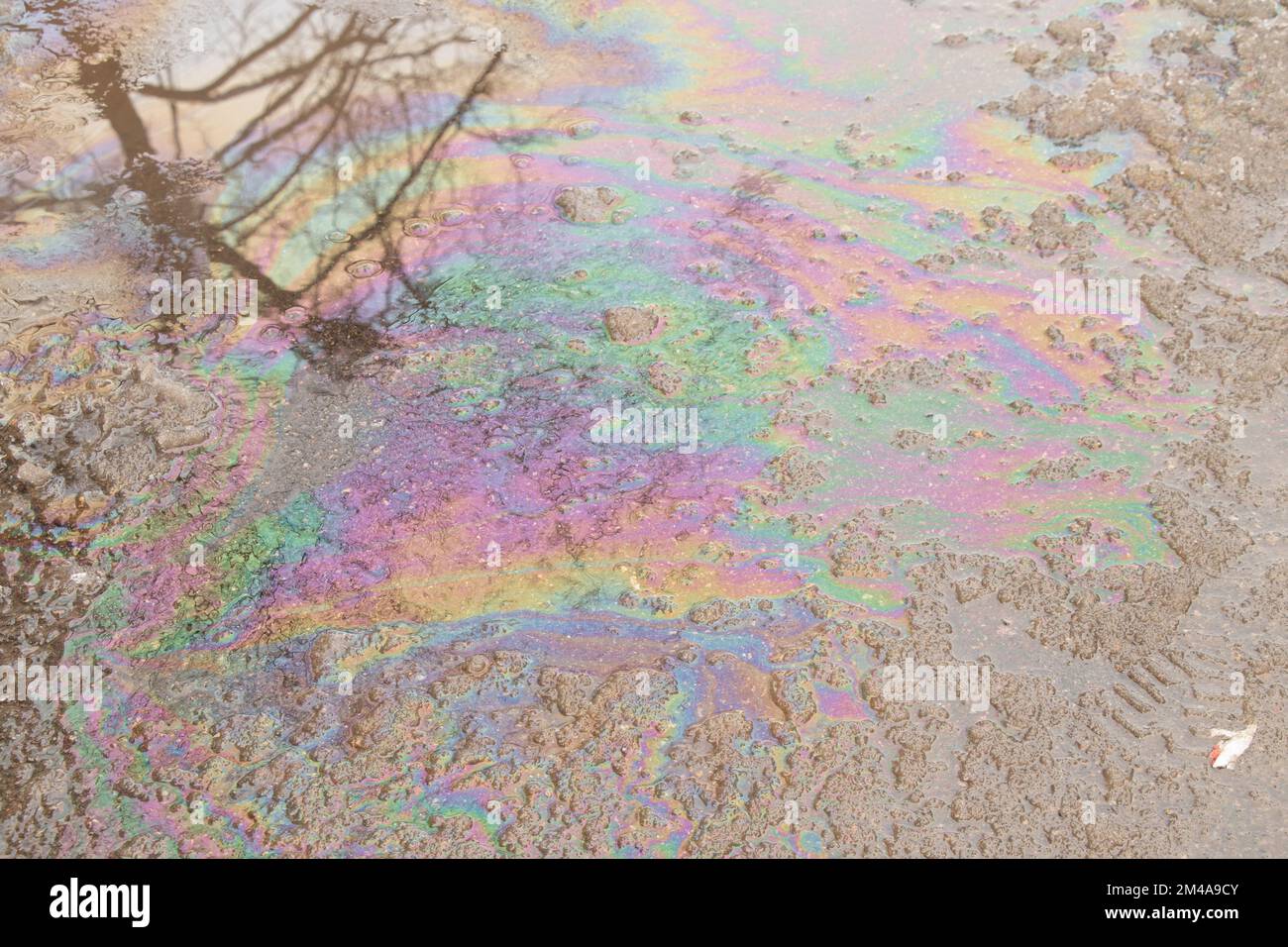gasoline spilled on the road in a puddle of colorful water Stock Photo ...