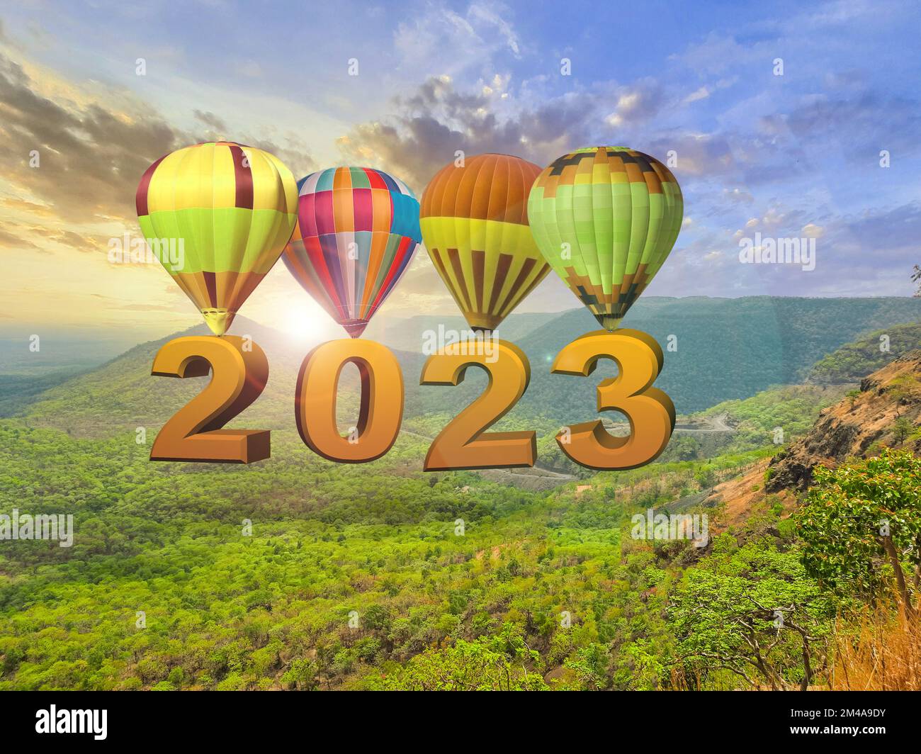New year 2023 concept. Text 2022 hanging on the hot air baloon at ...
