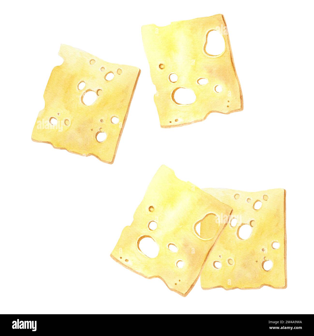 Set of yellow cheese slices with holes. Watercolor illustration ...