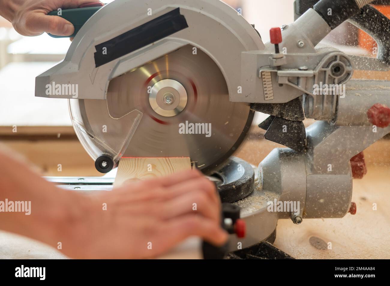 Master cuts the board with a circular saw in the workshop Stock Photo ...