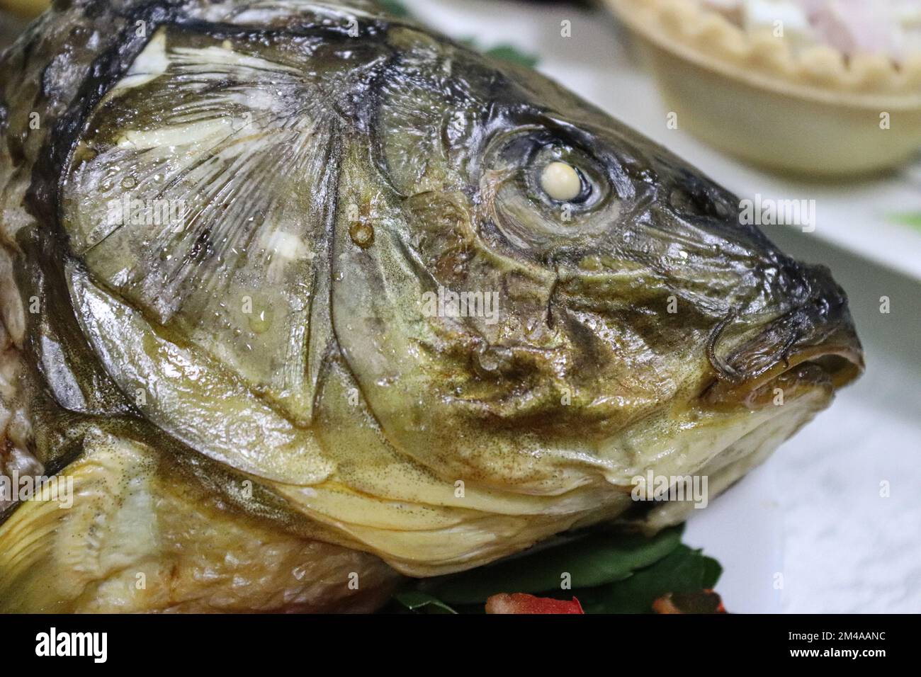 sea bream in salt after baking: detail of the head of the fish buried ...