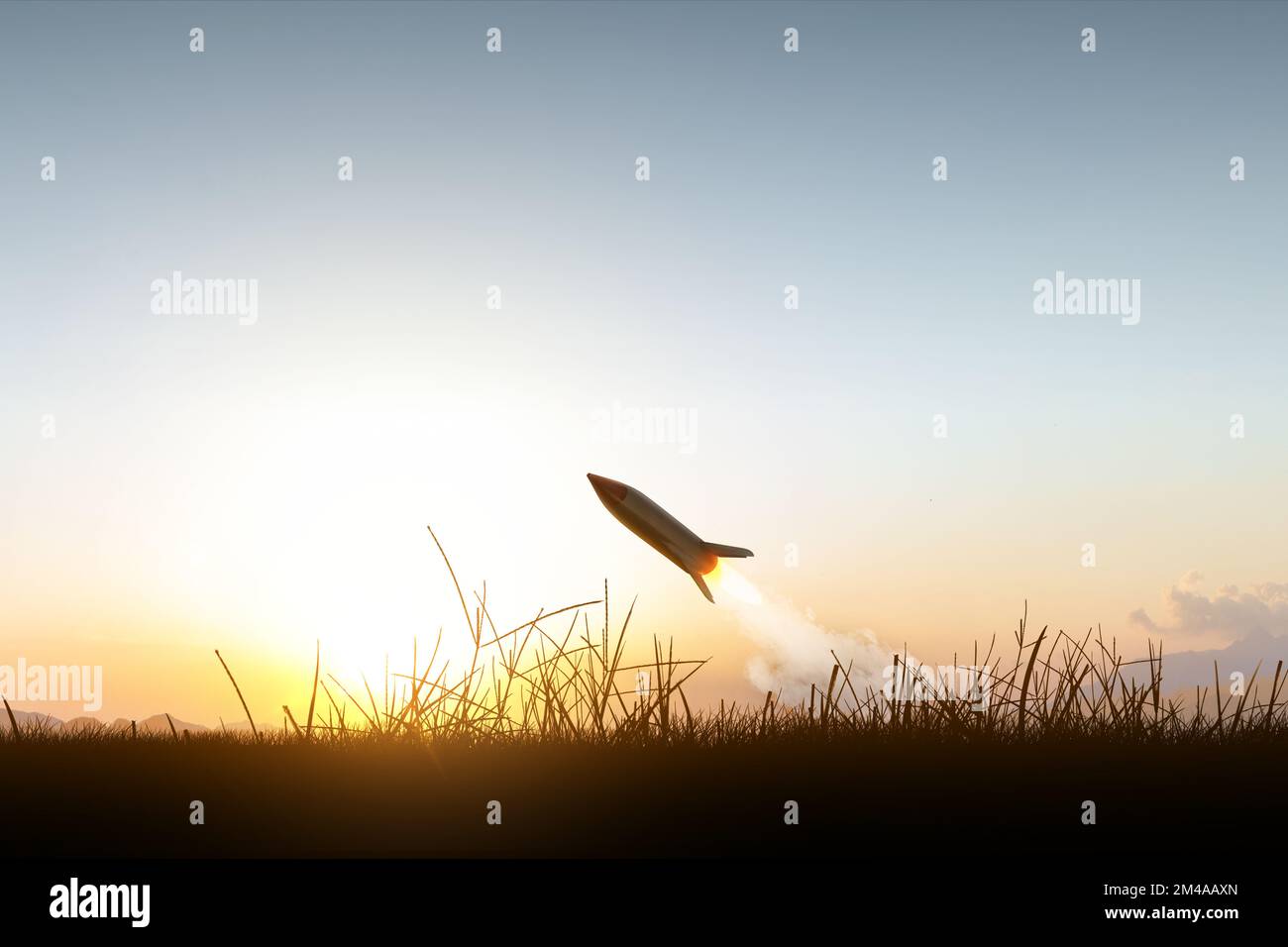 Rockets flying on the field with a sunset sky background. National ...