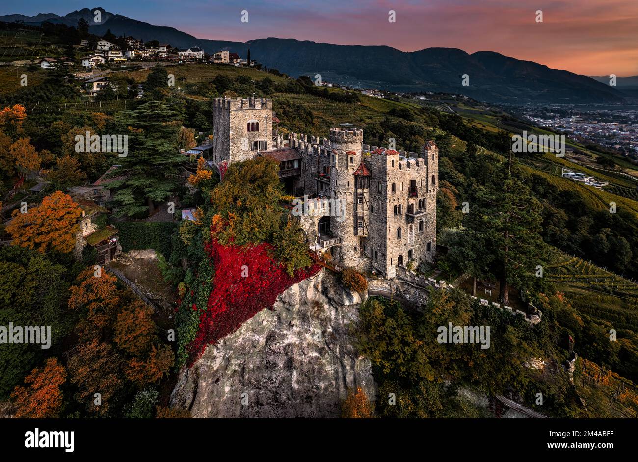 Merano, Italy - Aerial panoramic view of the famous Castle Brunnenburg ...