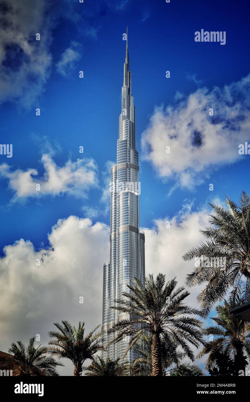 Burj Khalifa Skyscraper in Dubai. Beautiful shot in a blue sky! Stock ...