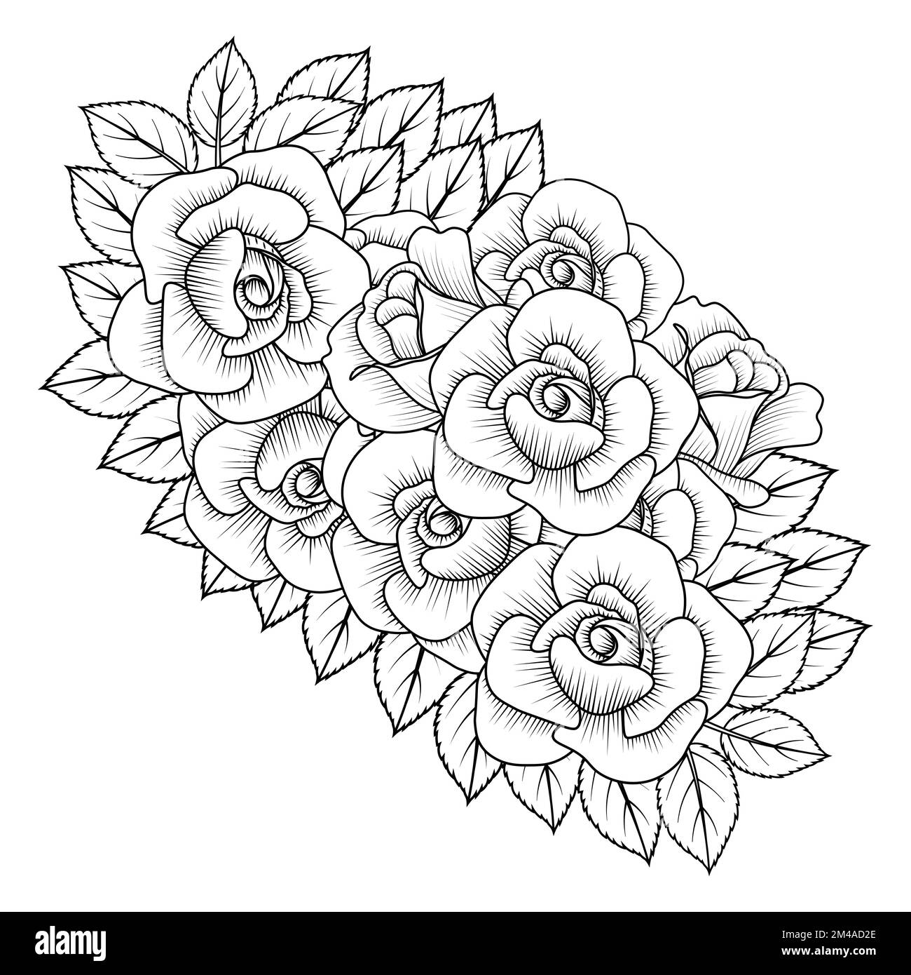 adult coloring book page of pink rose illustration with leaves and ...