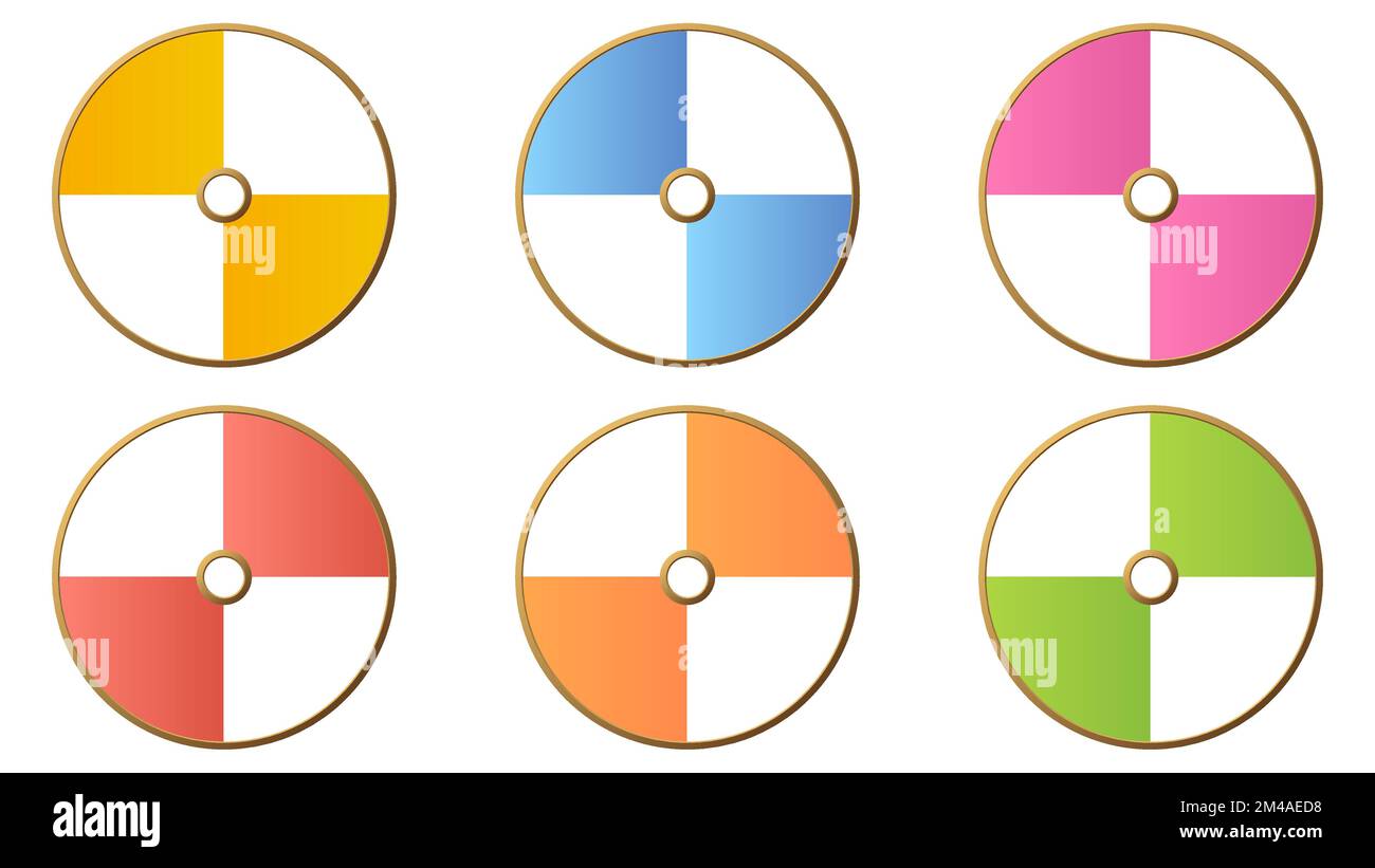 Set of colorful circles with golden border divided inside into 4 parts ...