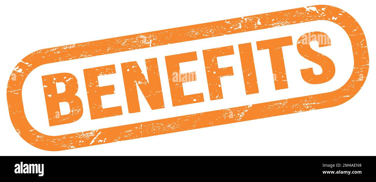 BENEFITS, text on orange rectangle stamp sign Stock Photo - Alamy