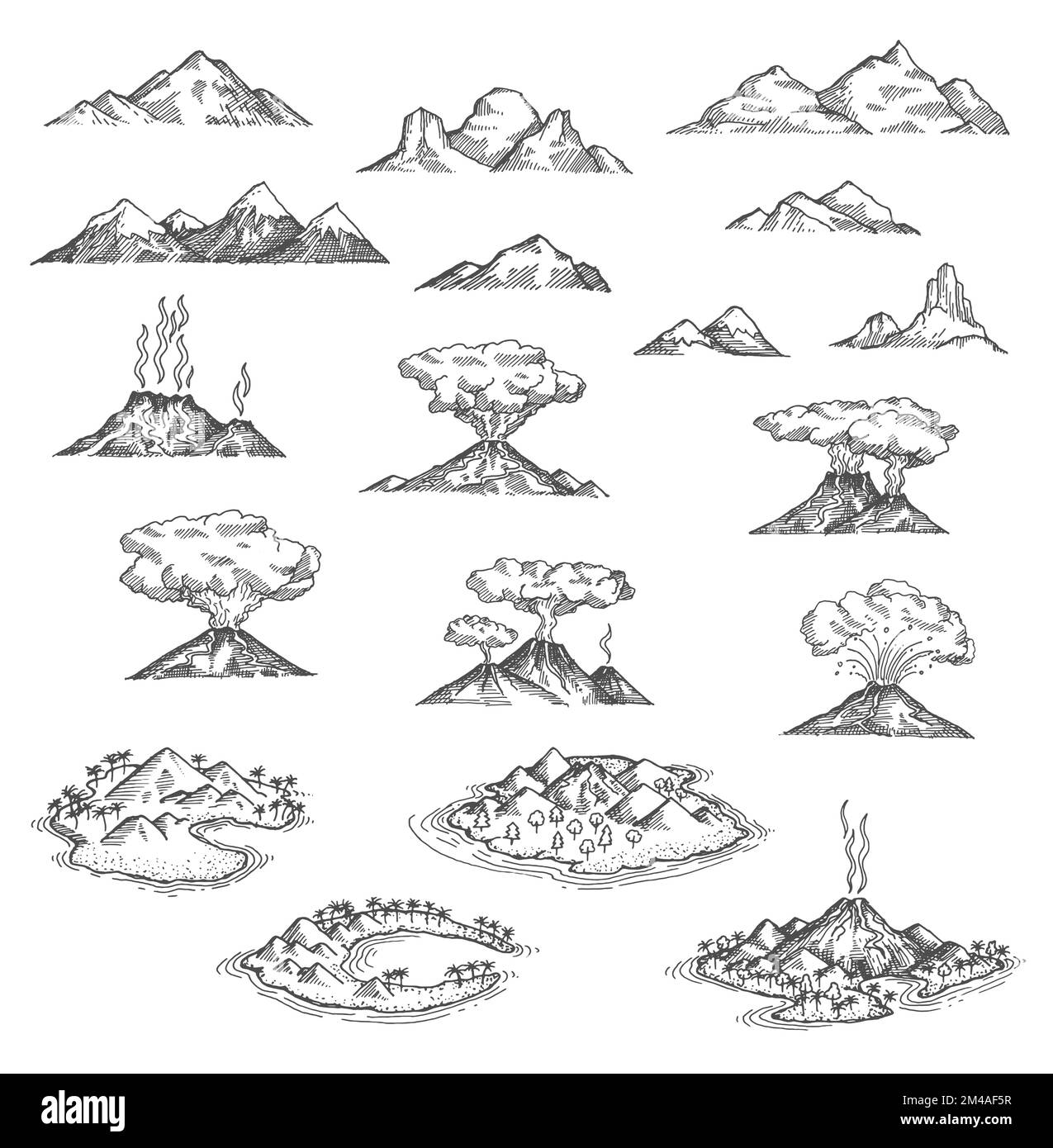Island mountains and volcano sketch, vector treasure map landscape ...